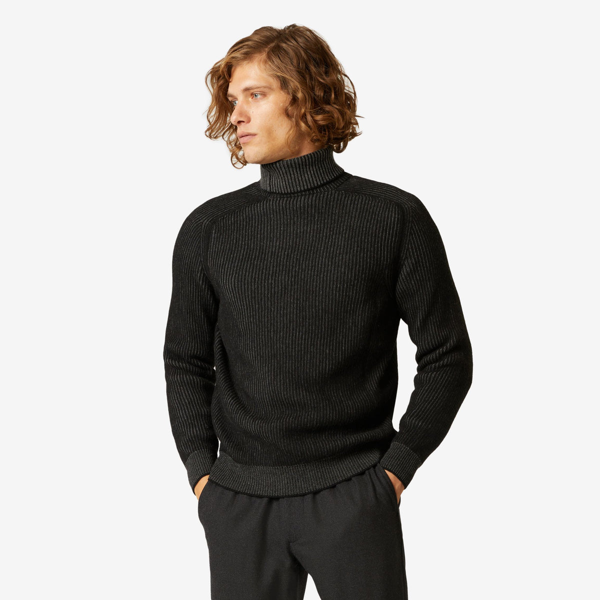 100% Cashmere ribbed reversible rollneck sweater - black | SEASE